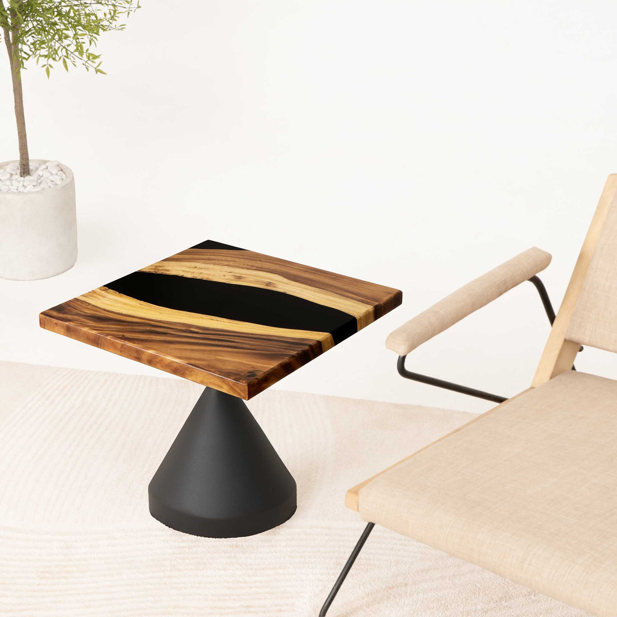 Square Handmade Wood Table with Black Epoxy 23" x 23" - Lumber Grand